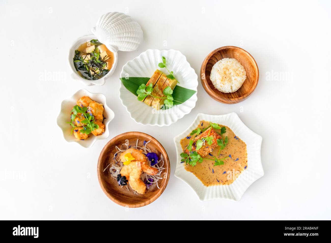 Set of Japanese dishes: miso soup, tamago, tempura shrimp, rice Stock ...