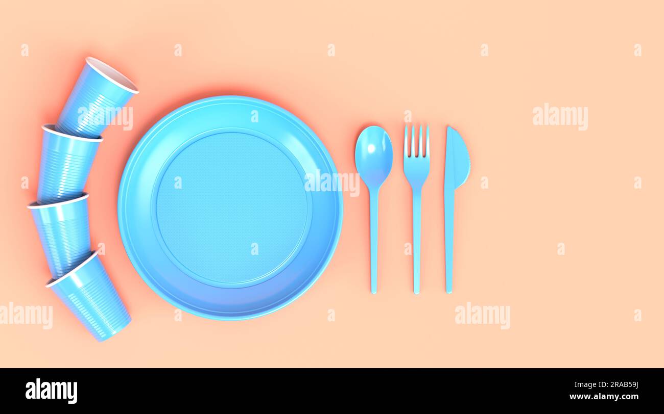 Set of disposable utensils like plate, folk, spoon,knife and cup on ...