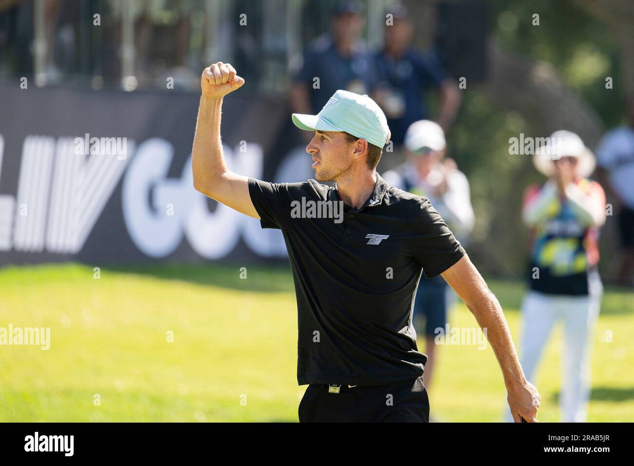 David Puig of Torque GC reacts on the 18th green during the final round ...