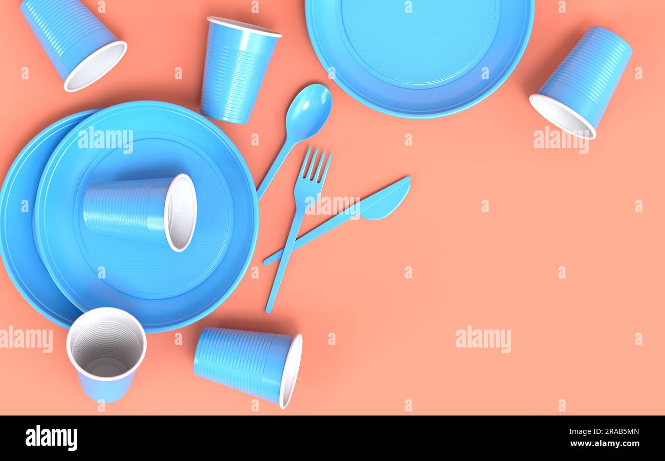 Set of disposable utensils like plate, folk, spoon,knife and cup on ...