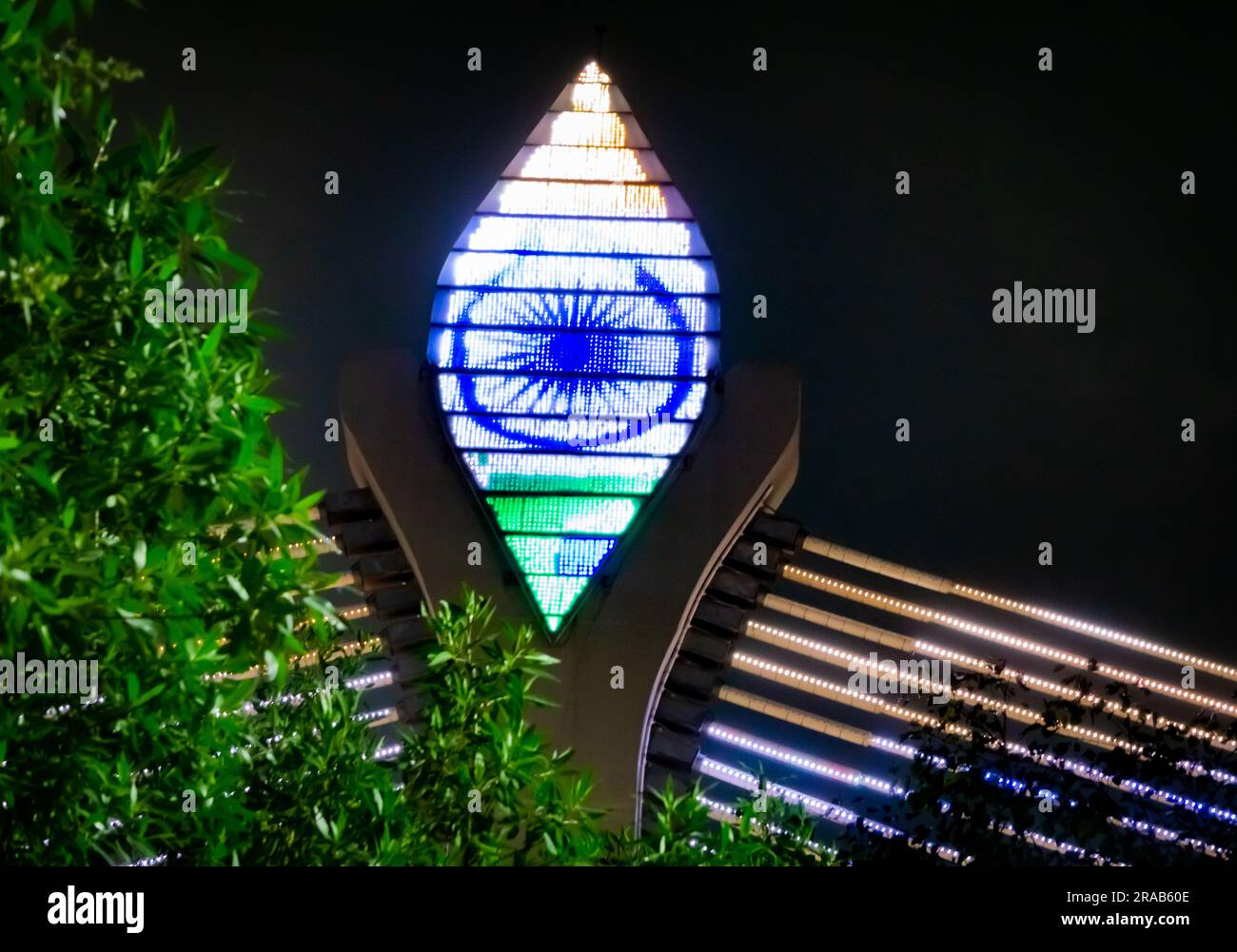 Cable bridge in hyderabad decorated with colorful LEDs showing cloors ...
