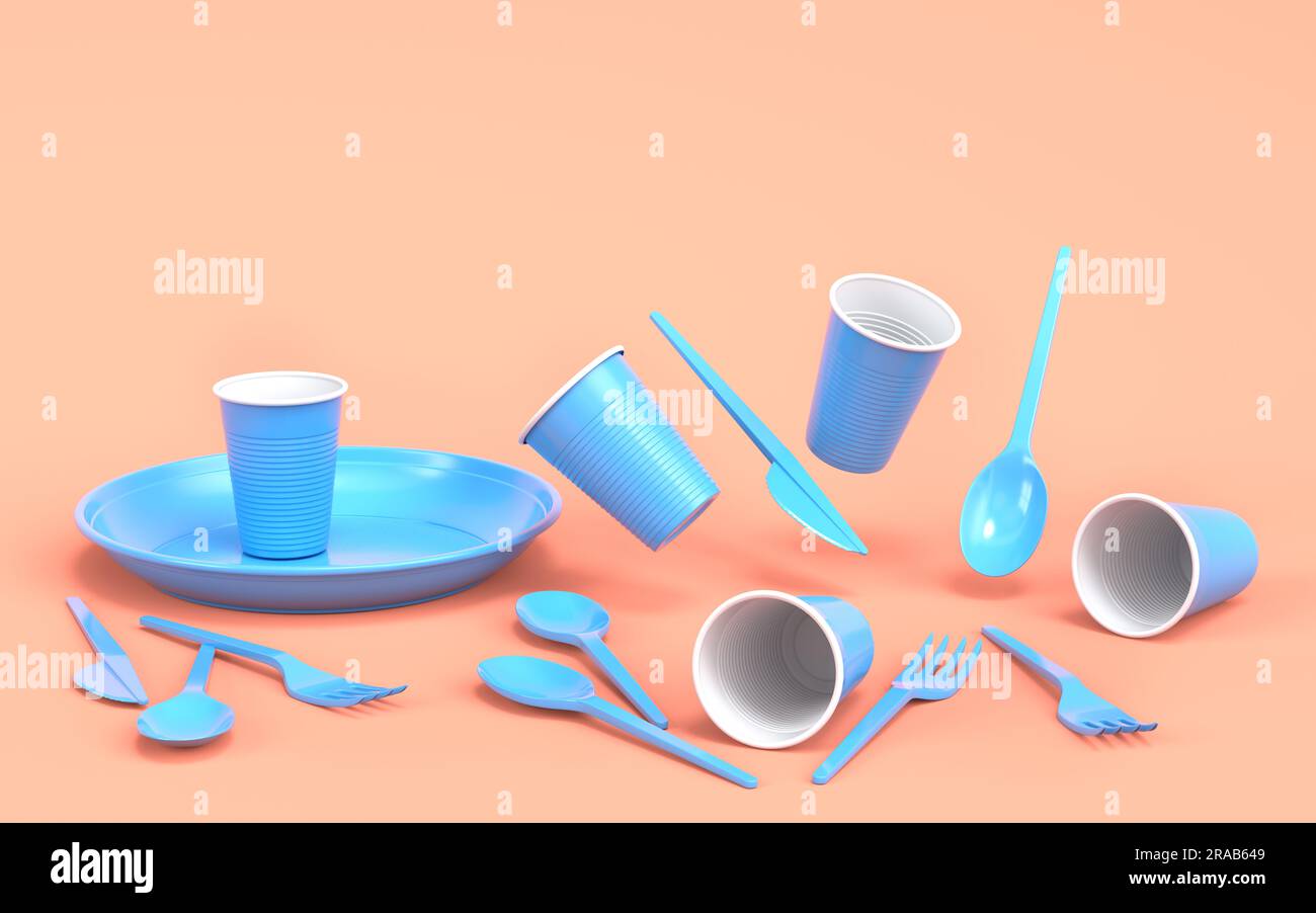 Set of disposable utensils like plate, folk, spoon,knife and cup on ...