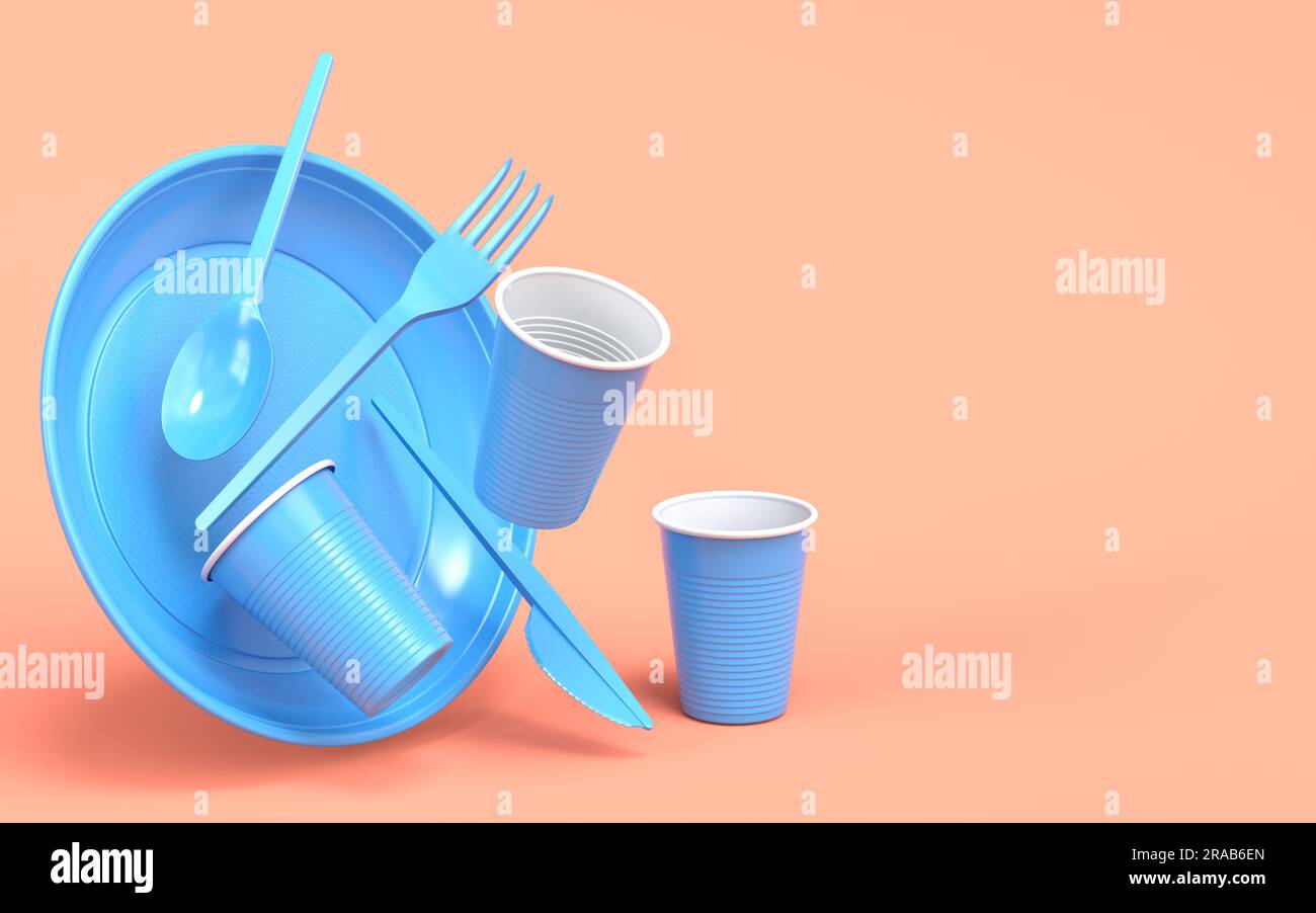 Set of disposable utensils like plate, folk, spoon,knife and cup on ...