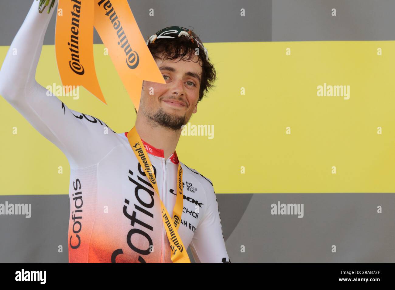 Victor Lafay, France, Cofidis team, on podium in Donostia San Sebastian ...