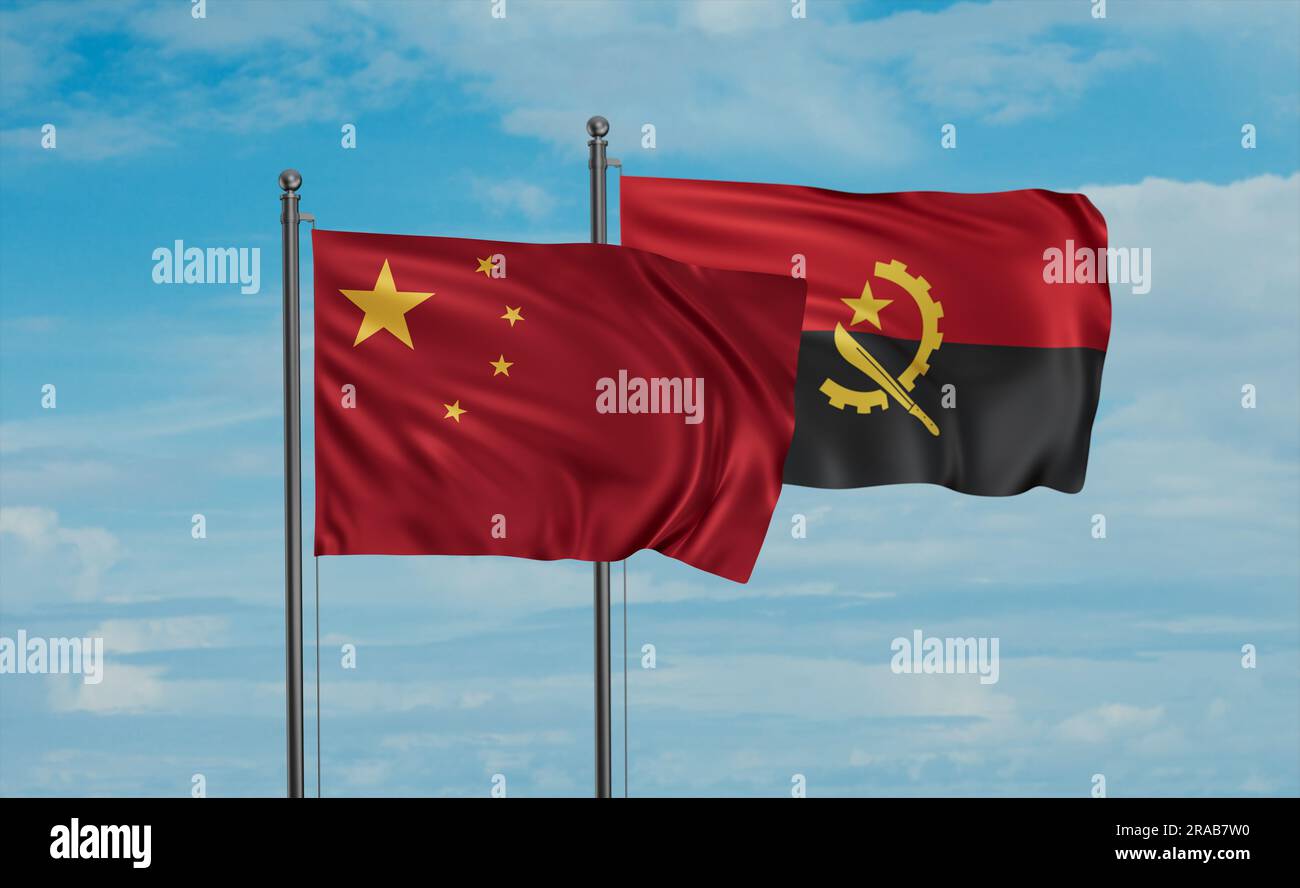 China flag and Angola flag waving together in the wind on blue sky ...