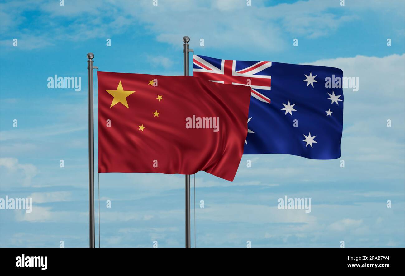 Australia flag and China flag waving together on blue sky, two country ...