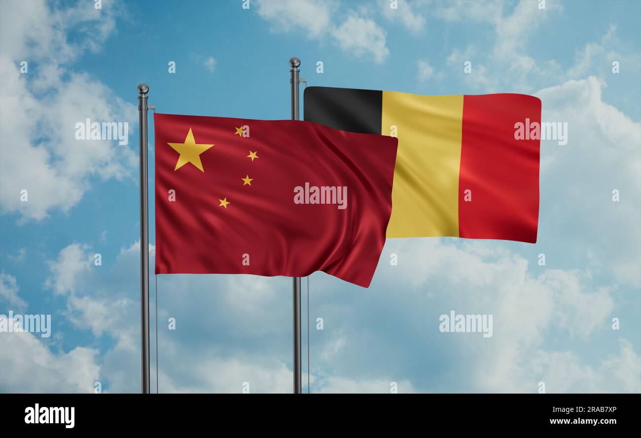 Belgium flag and China flag waving together on blue sky, two country ...