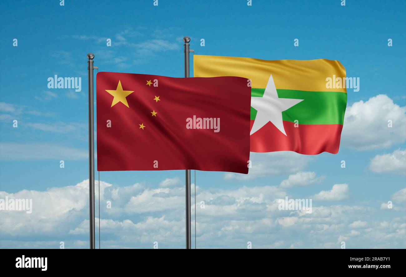 Myanmar aka Burma flag and China flag waving together on blue sky, two ...