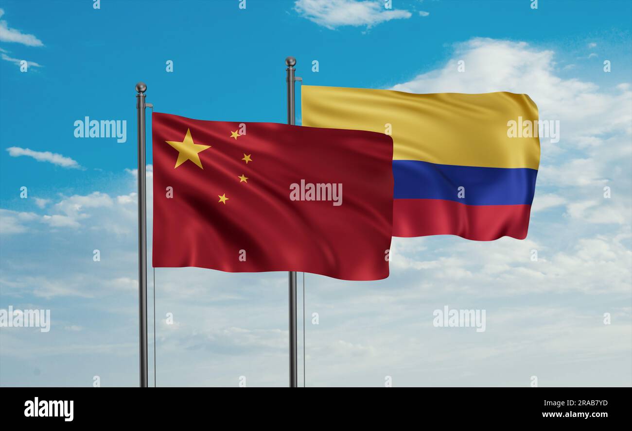 Colombia and China flag waving together in the wind on blue sky, two ...