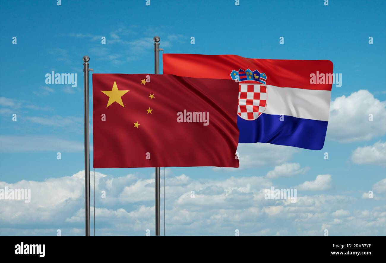 Croatia and China flag waving together in the wind on blue sky, two ...