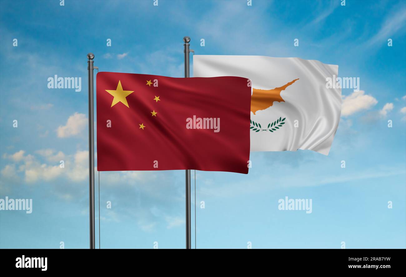 Cyprus flag and China flag waving together on blue sky, two country ...