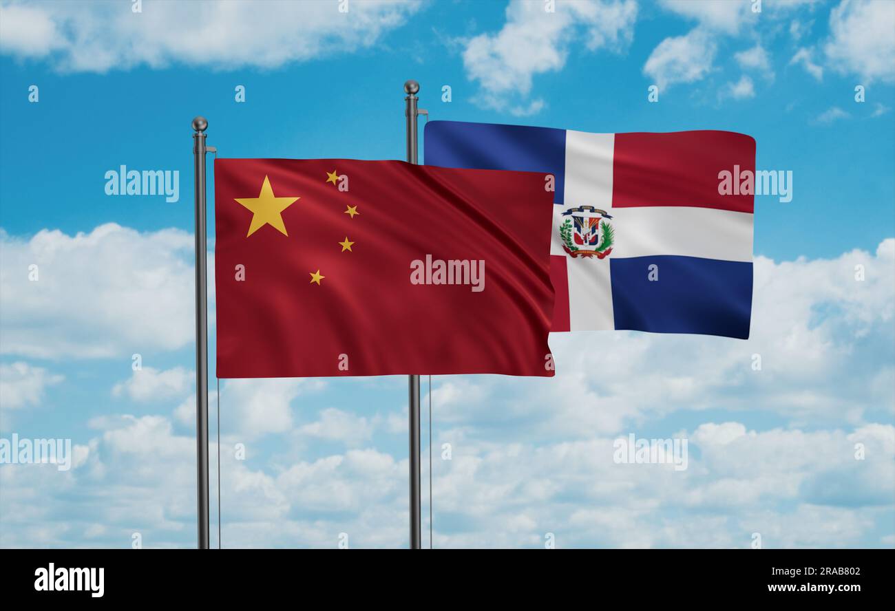 Dominican Republic flag and China flag waving together on blue sky, two ...