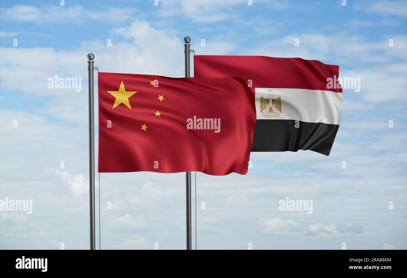 Egypt and China flag waving together in the wind on blue sky, two ...