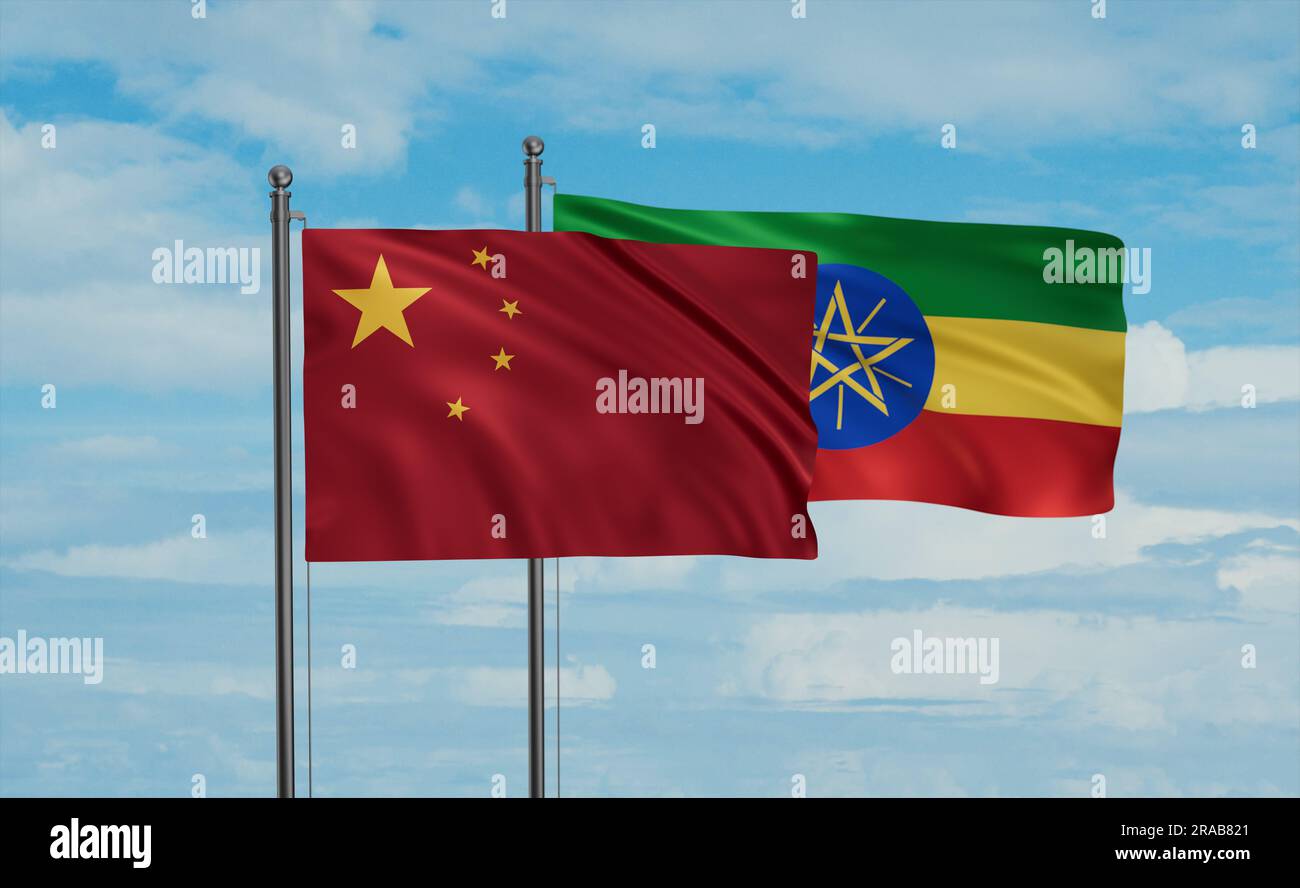 Ethiopia flag and China flag waving together on blue sky, two country ...