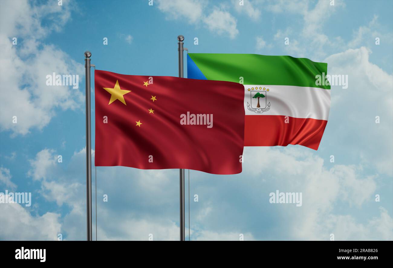 Equatorial Guinea flag and China flag waving together on blue sky, two ...