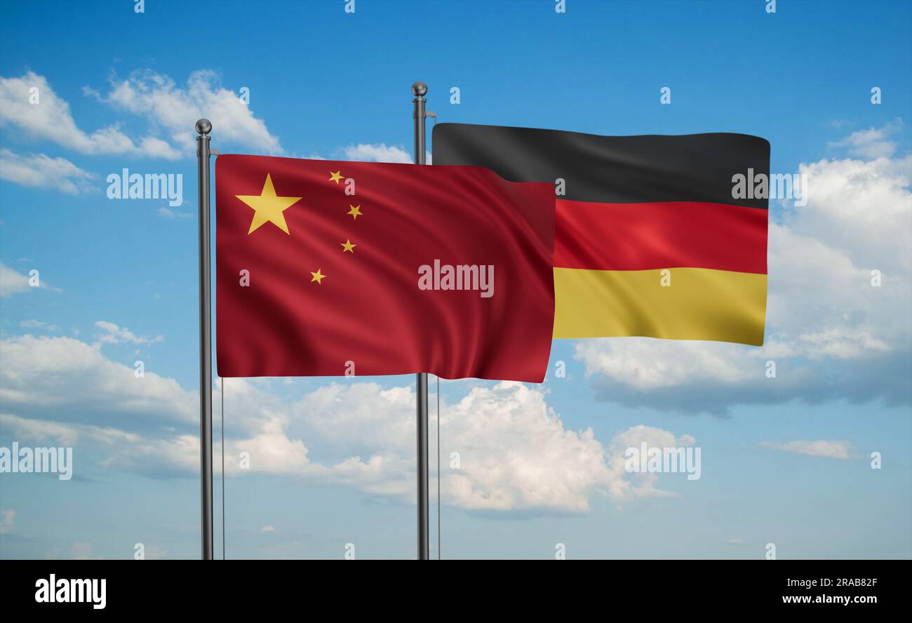 Germany flag and China flag waving together on blue sky, two country ...