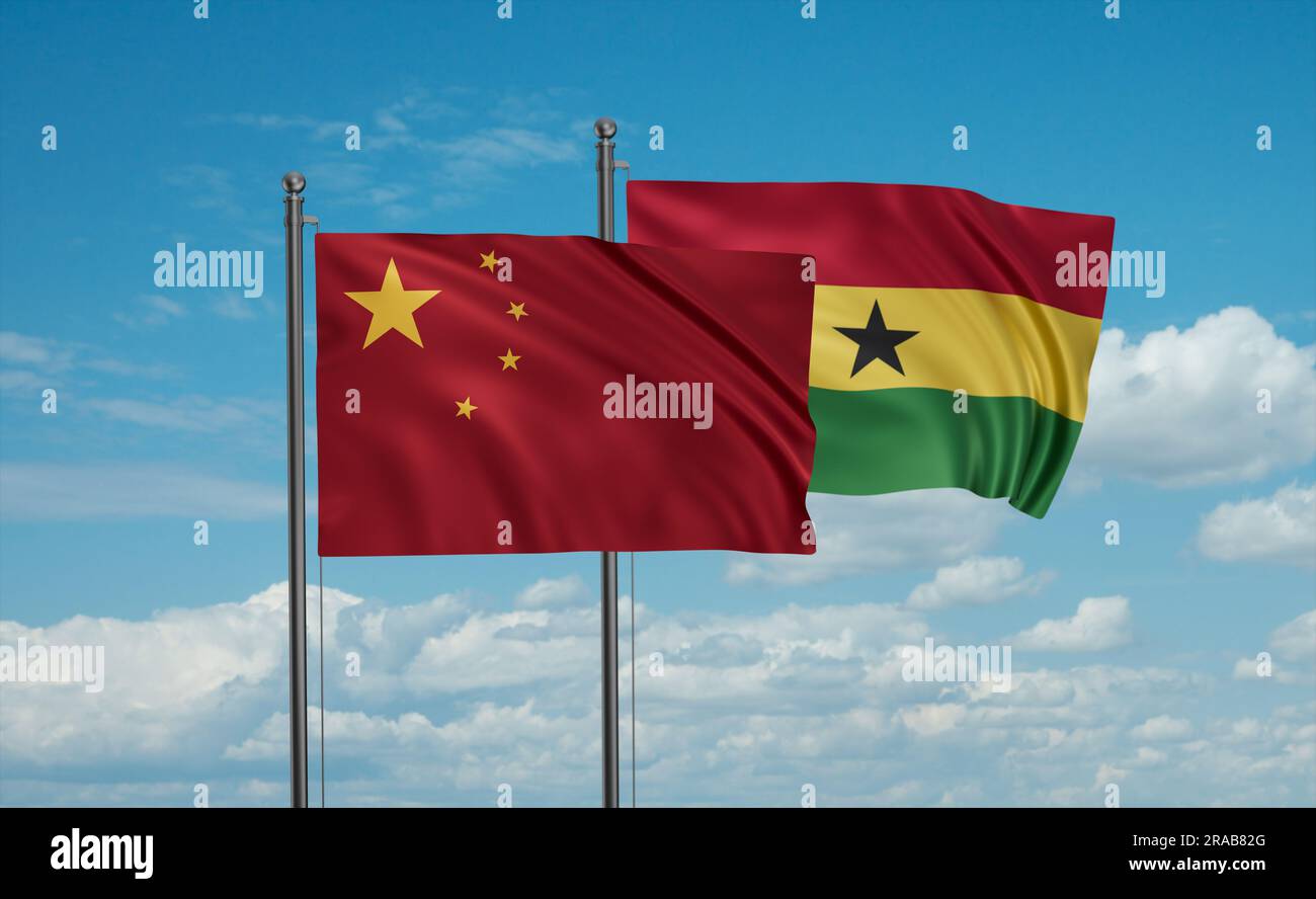 Ghana flag and China flag waving together on blue sky, two country ...