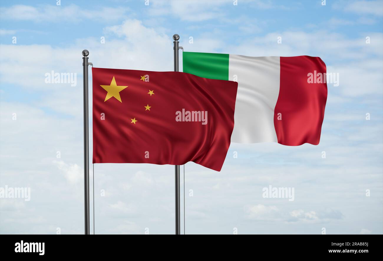 Italy and China flag waving together in the wind on blue sky, two ...