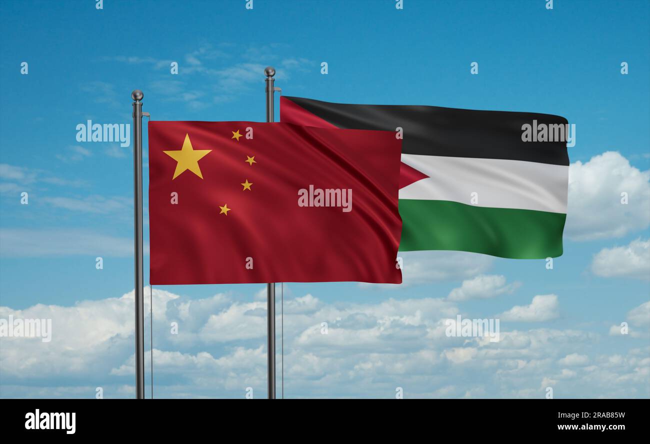 Jordan and China flag waving together in the wind on blue sky, two ...