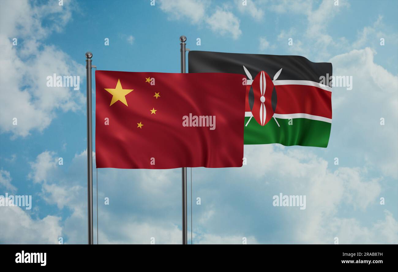 Kenya flag and China flag waving together on blue sky, two country ...