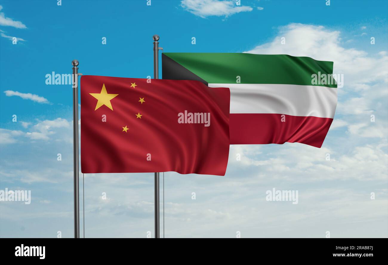 Kuwait and China flag waving together in the wind on blue sky, two ...