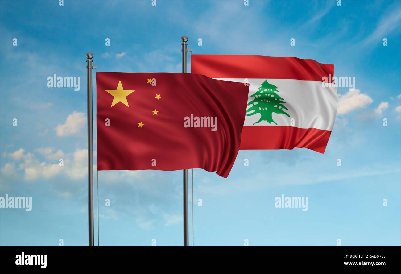 Lebanon and China flag waving together in the wind on blue sky, two ...