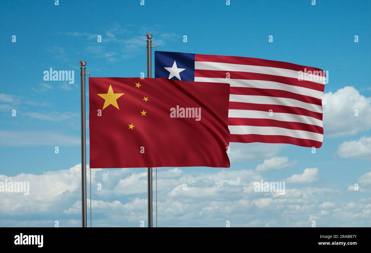 Liberia and China flag waving together in the wind on blue sky, two ...