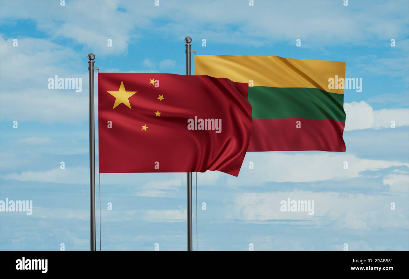 Lithuania flag and China flag waving together on blue sky, two country ...