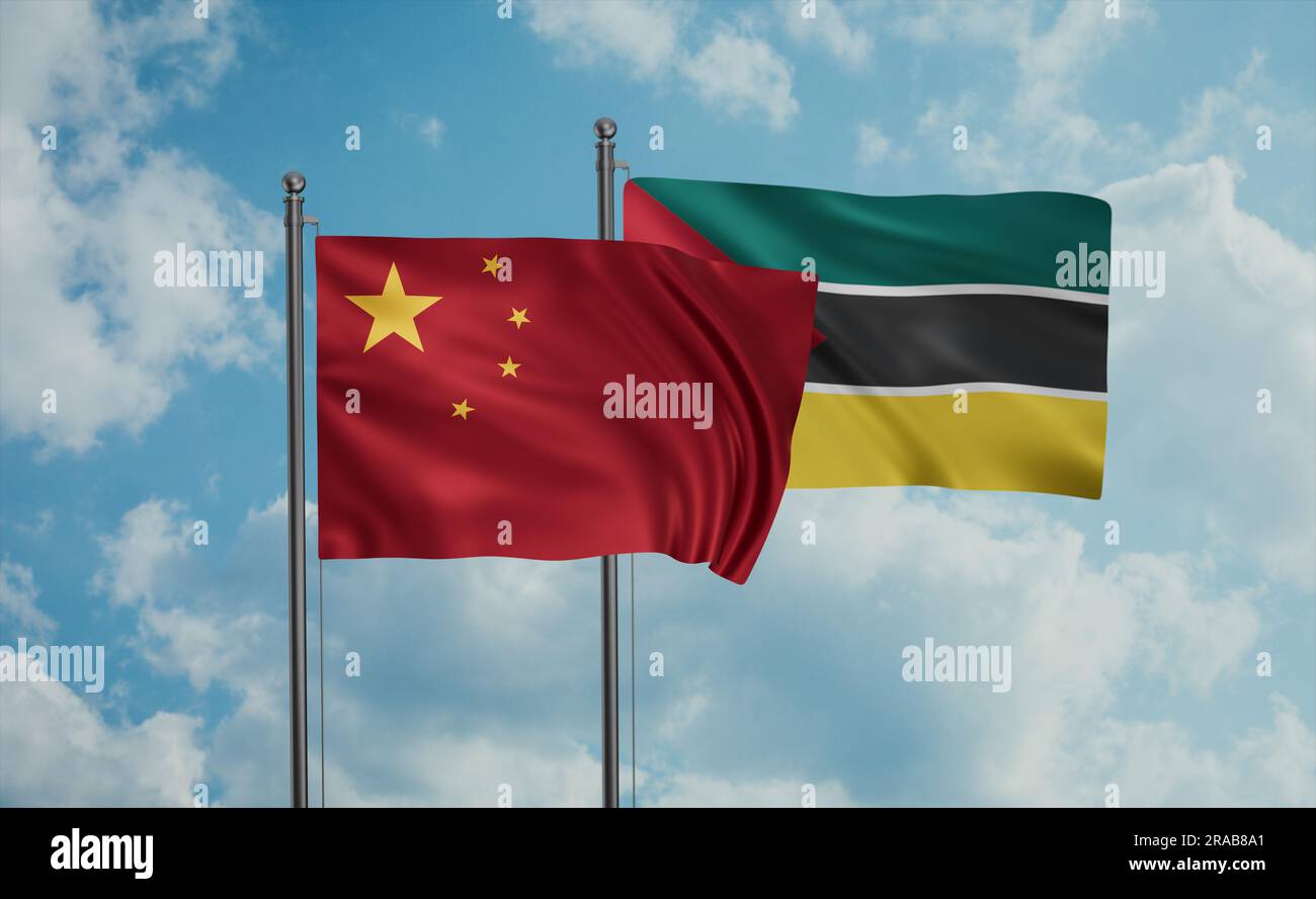 Namibia and China flag waving together in the wind on blue sky, two ...