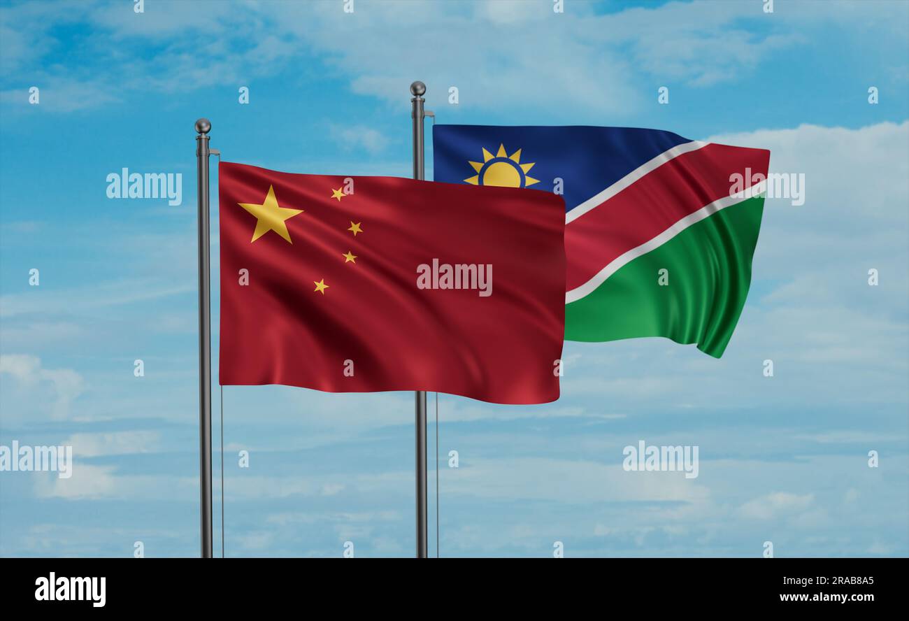 Namibia and China flag waving together in the wind on blue sky, two ...