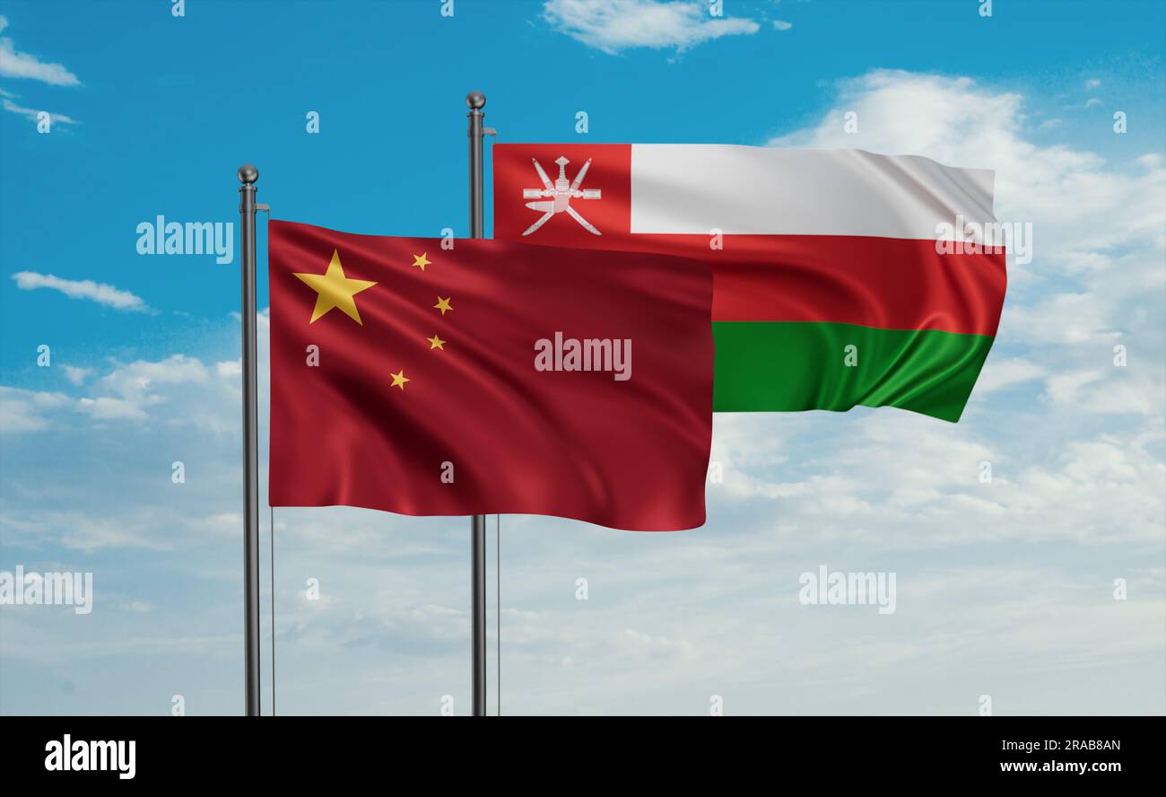 Oman and China flag waving together in the wind on blue sky, two ...