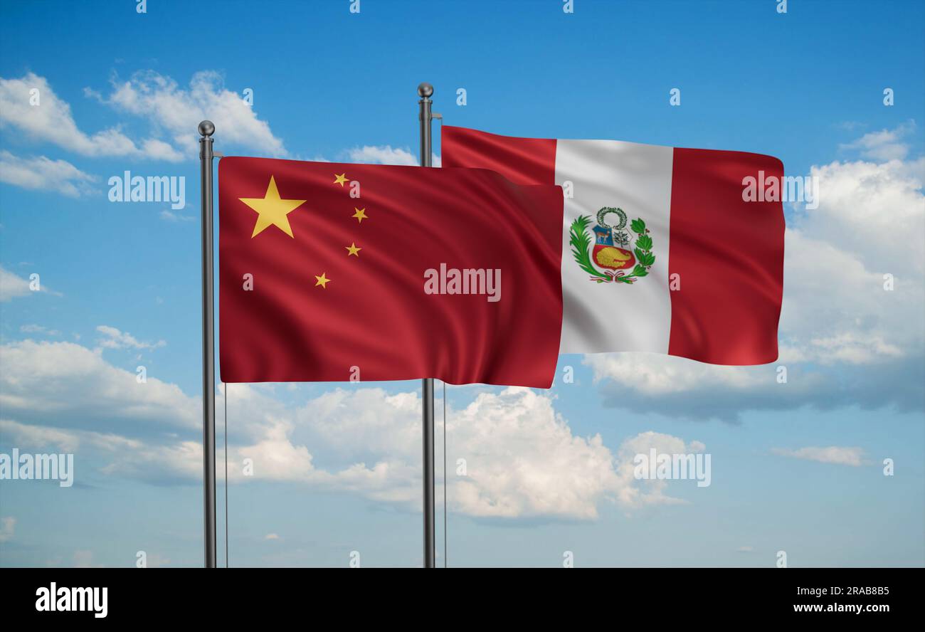Peru and China flag waving together in the wind on blue sky, two ...