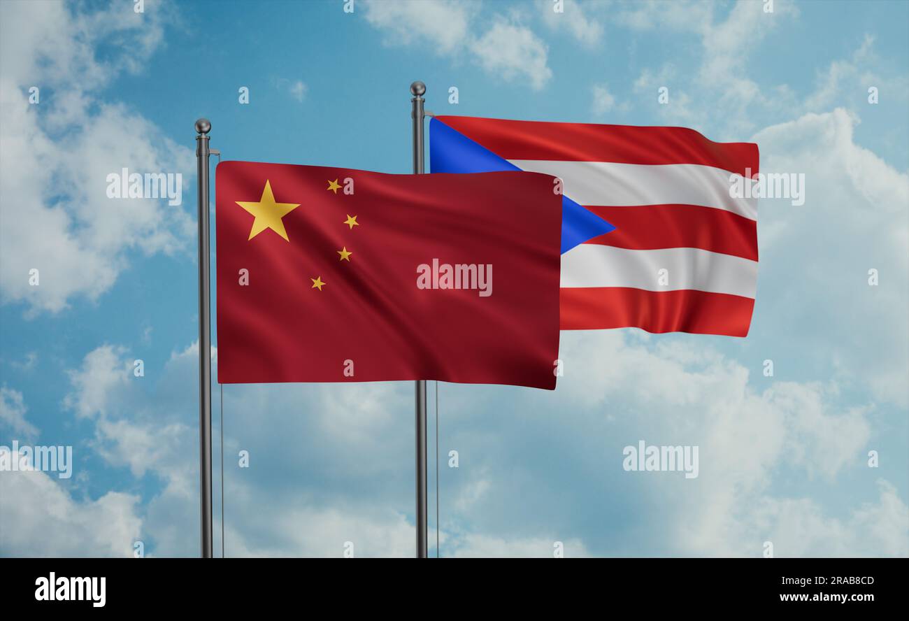 Puerto Rico and China flag waving together in the wind on blue sky, two ...