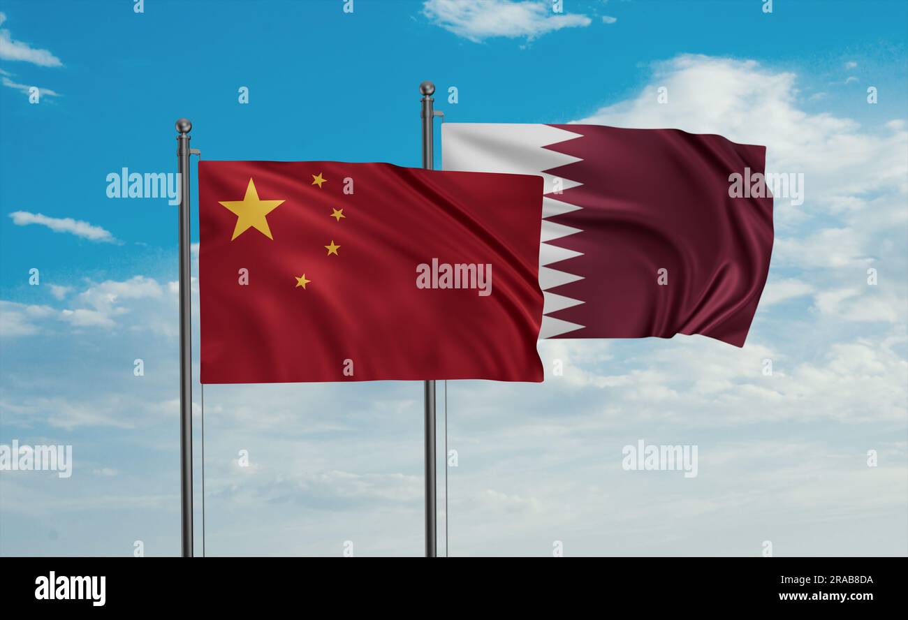 Qatar and China flag waving together in the wind on blue sky, two ...