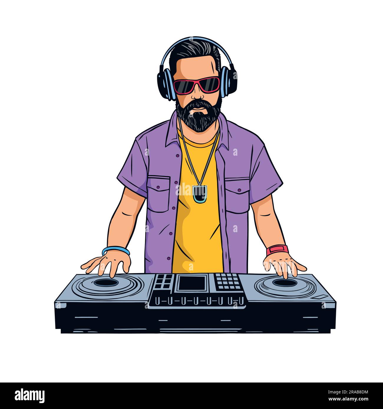 Hipster young DJ with the beard mixing music on turntables. DJ playing ...