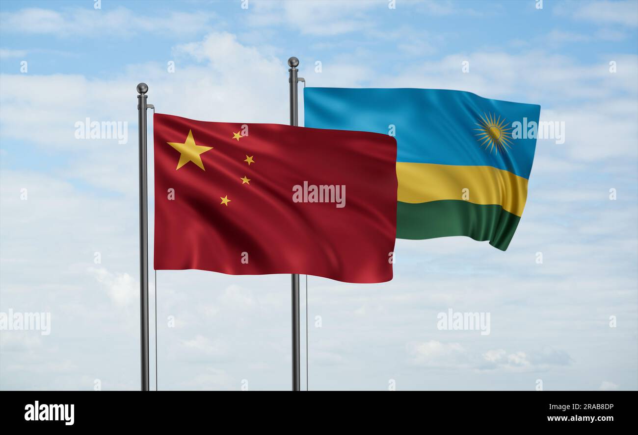 Republic of Rwanda and China flag waving together in the wind on blue ...