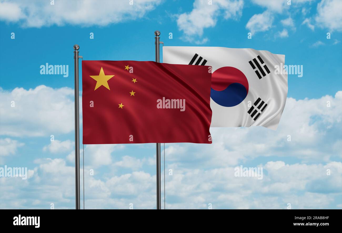 South Korea or Republic of Korea or ROK and China flag waving together ...