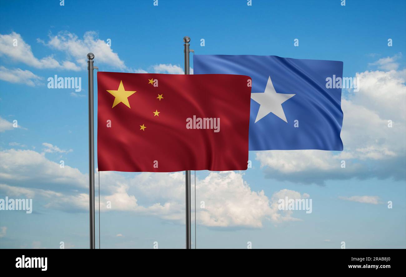 Somalia and China flag waving together in the wind on blue sky, two ...
