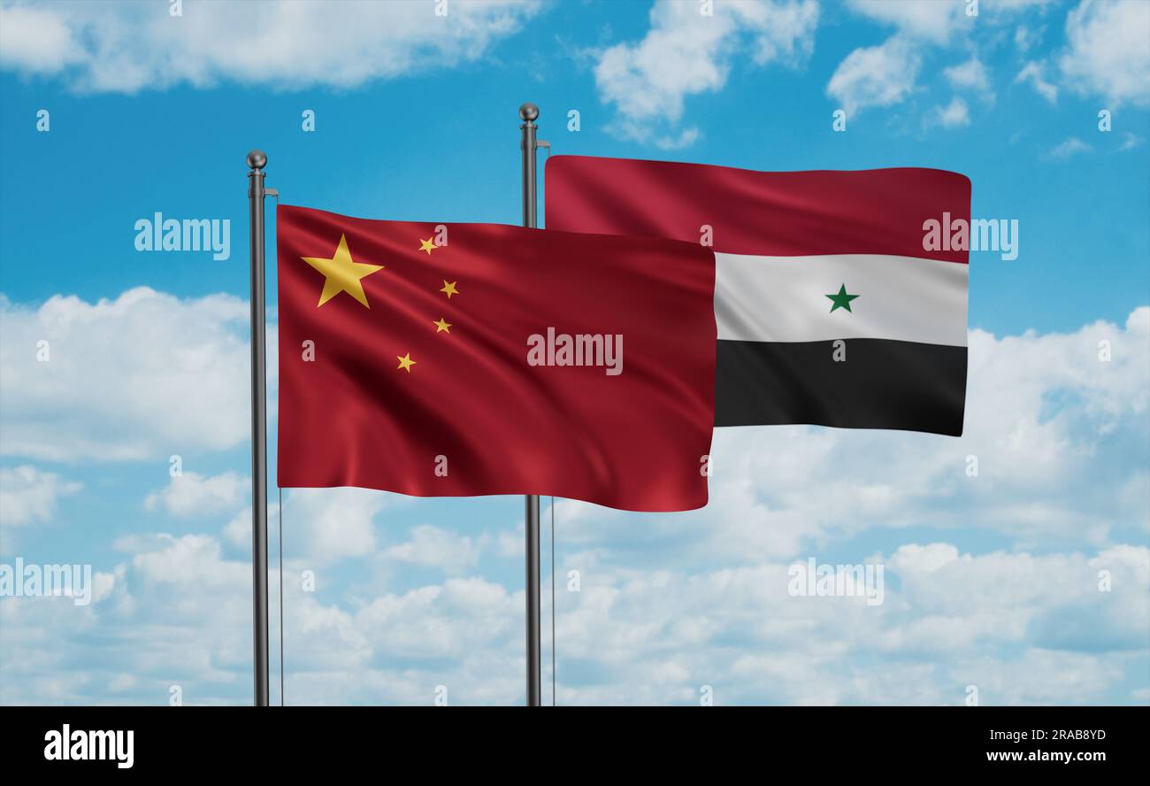 Syrian Arab Republic, Syria and China flag waving together in the wind ...