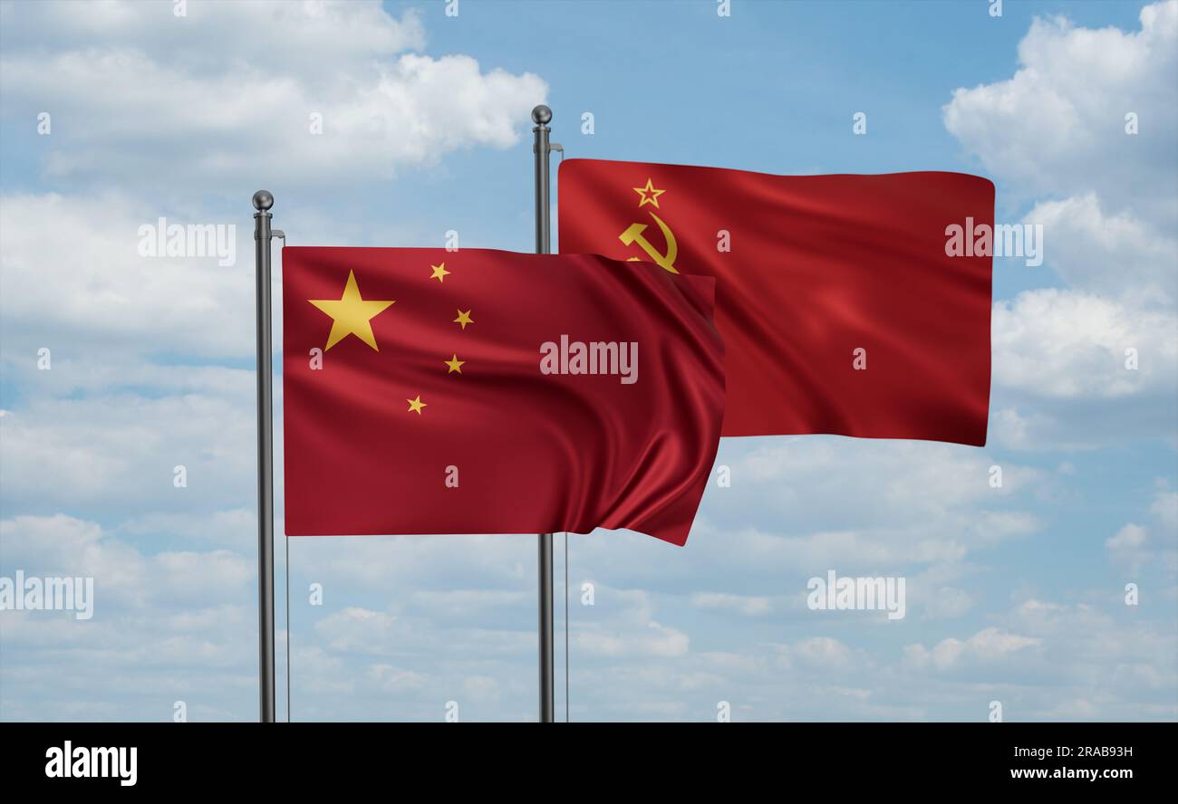 Soviet Union or USSR and China flag waving together in the wind on blue ...