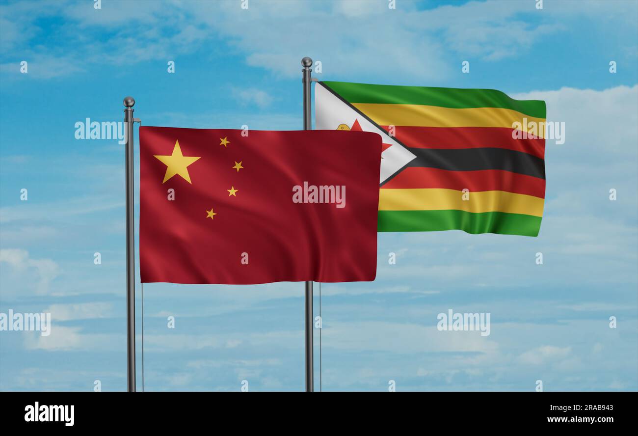 Zimbabwe and China flag waving together in the wind on blue sky, two ...