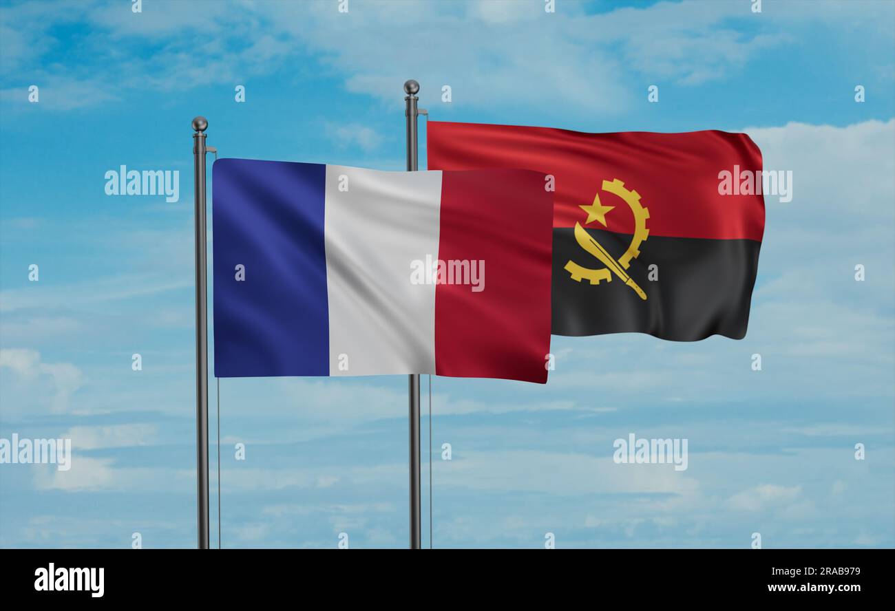 France flag and Angola flag waving together in the wind on blue sky ...