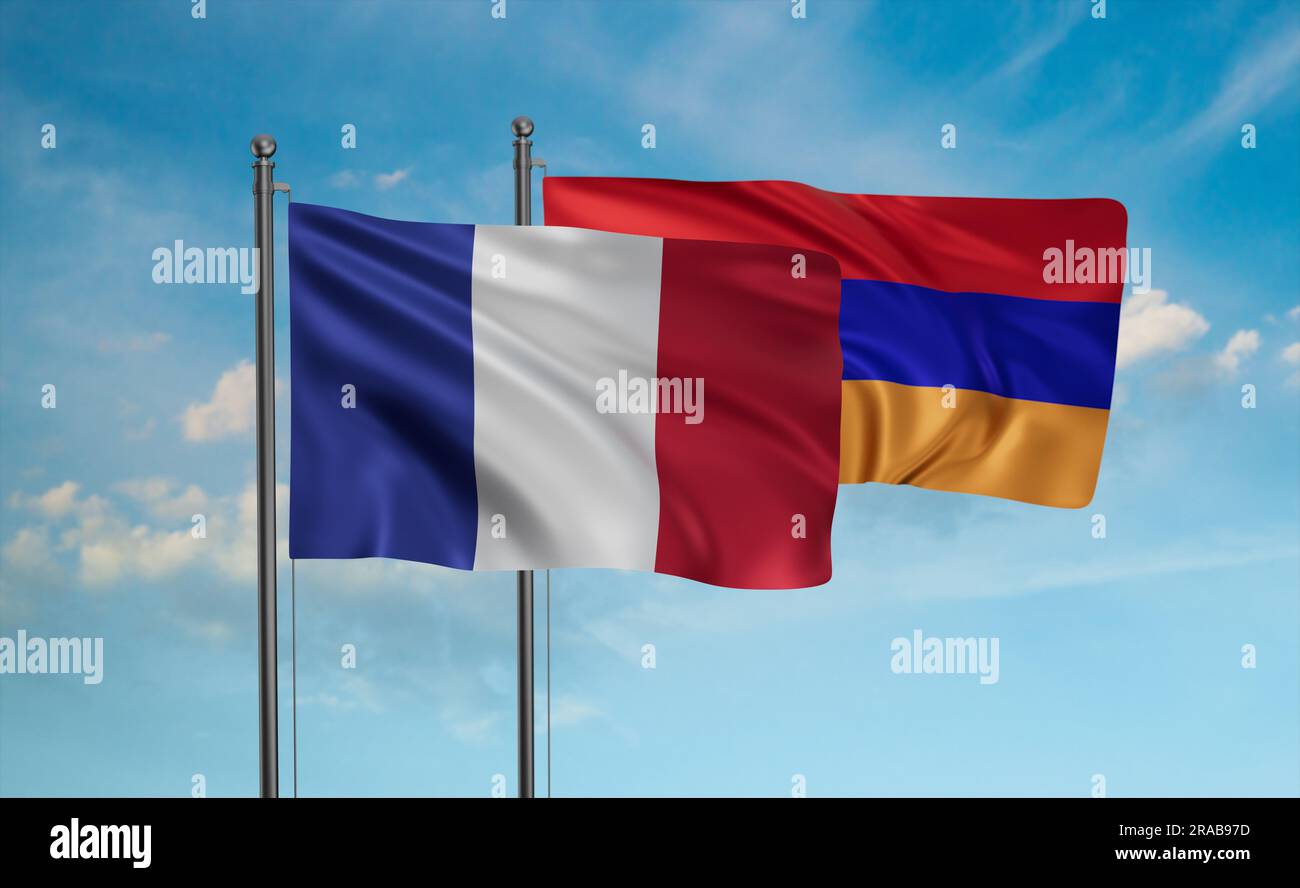 Armenia and France flag waving together in the wind on blue sky, two ...