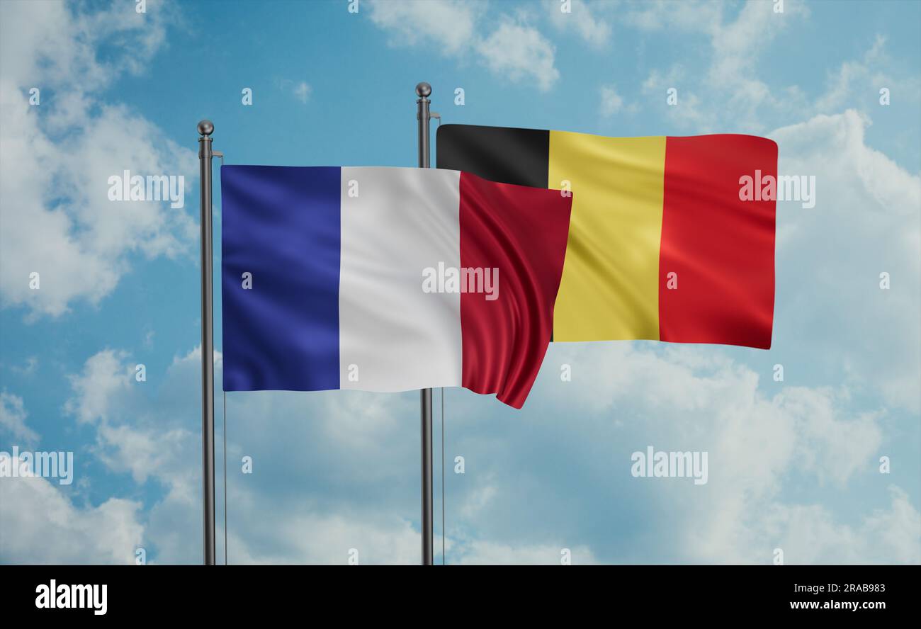 Belgium flag and France flag waving together on blue sky, two country cooperation concept Stock ...