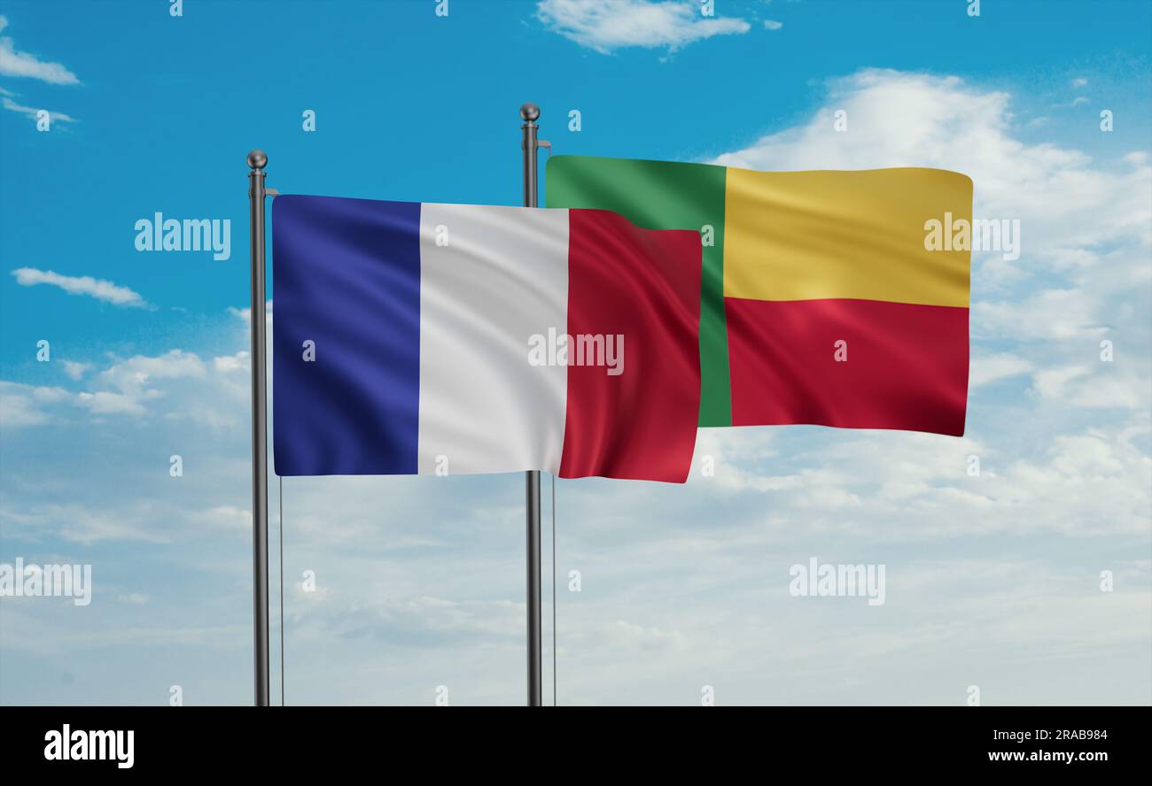 Benin flag and France flag waving together on blue sky, two country cooperation concept Stock ...