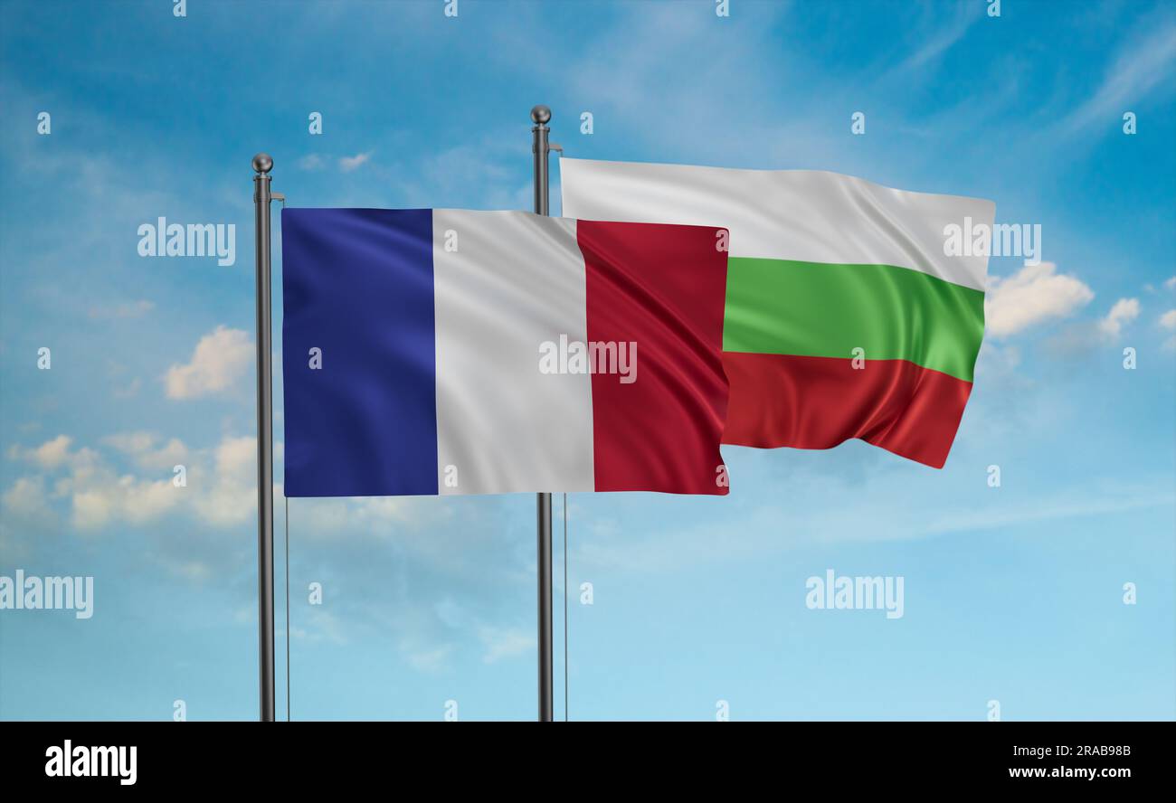 Bulgaria flag and France flag waving together on blue sky, two country cooperation concept Stock ...