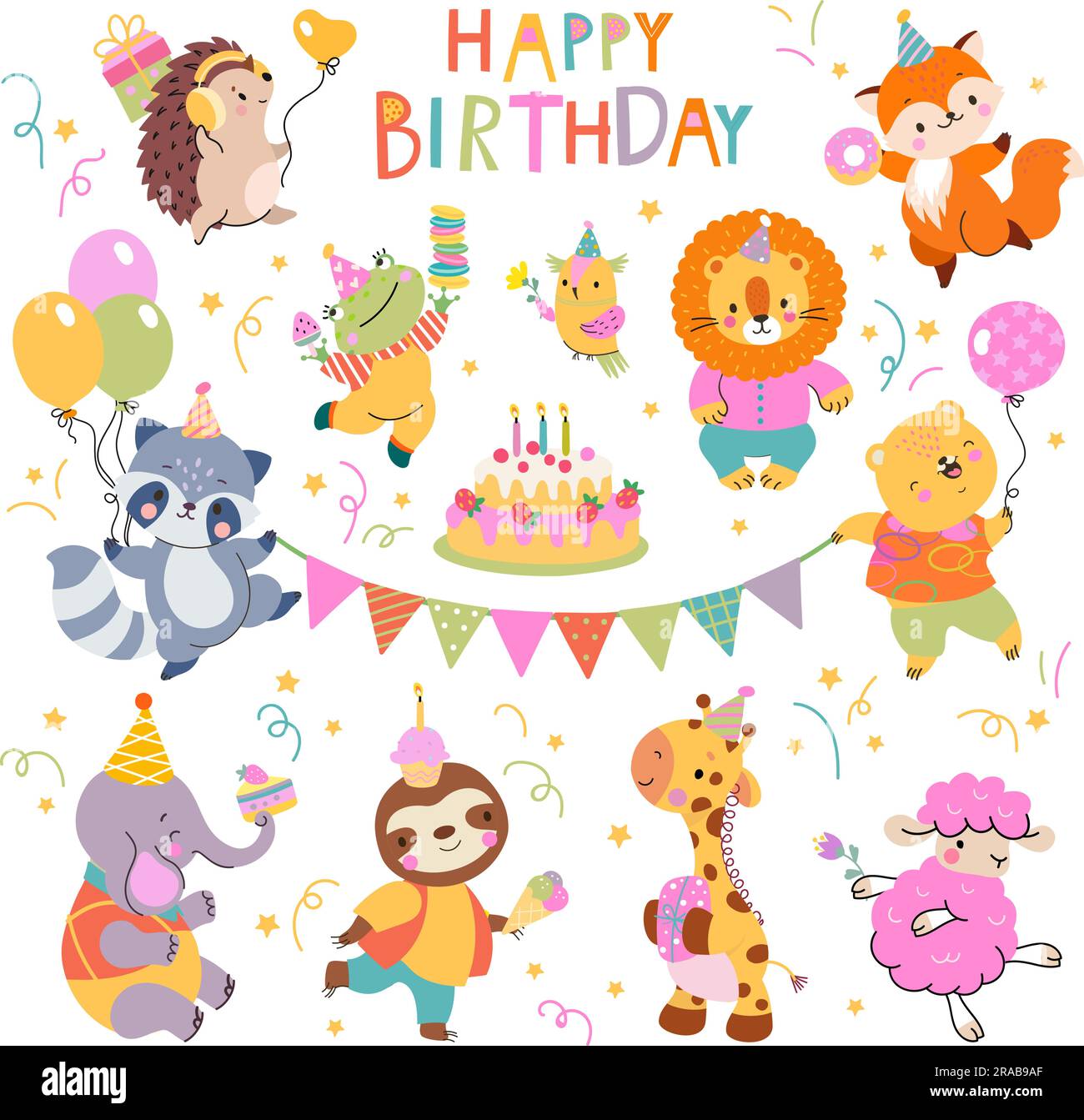 Birthday party animals. Woodland animal with cake and balloons. Cute ...