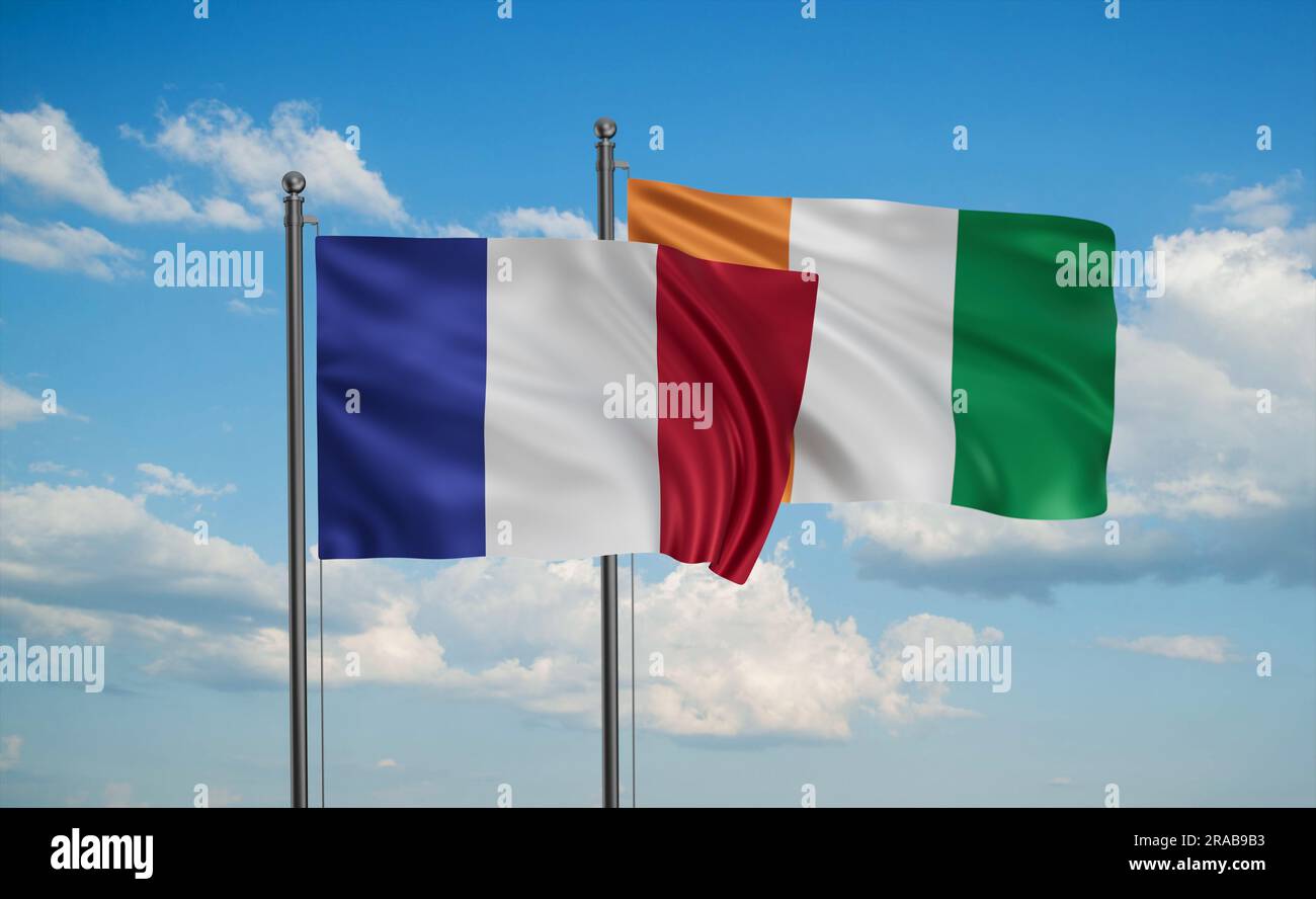 Ivory Coast or Cote d'Ivoire and France flag waving together in the ...