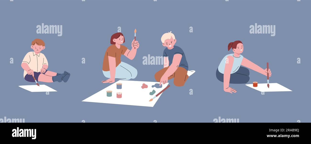 Cartoon little children drawing. Kids with brushes, paints and paper ...