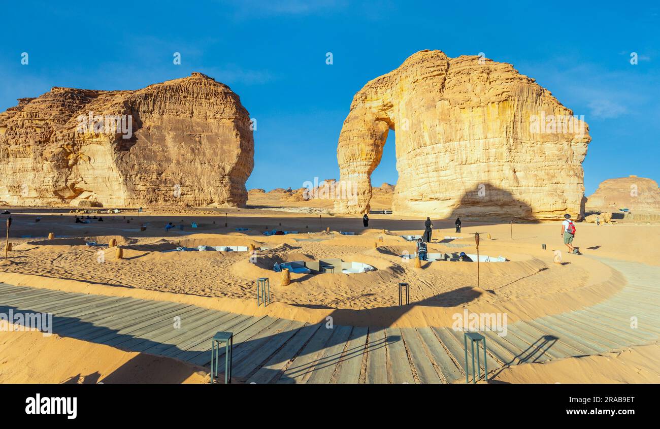Walking tourist path and lounges at sandstone elephant rock erosion ...